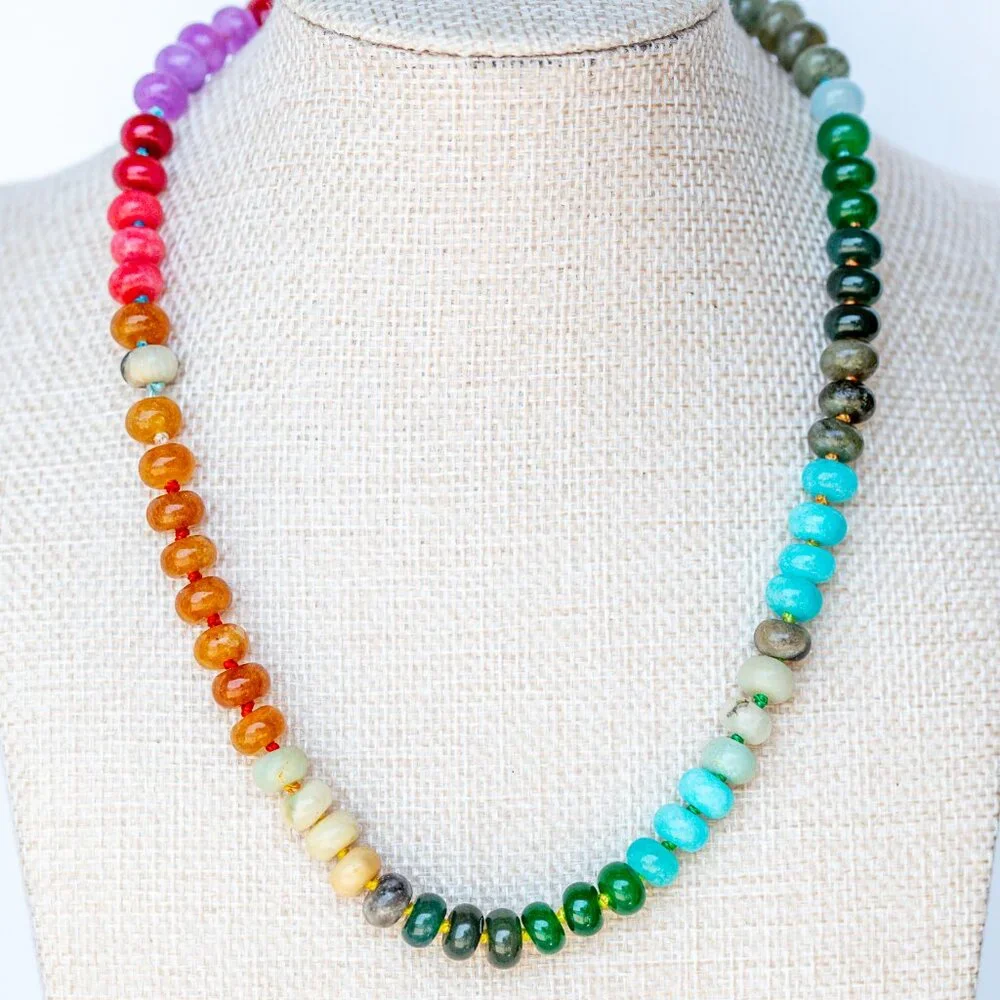 Jewelry | Earthy Rainbow Gemstone Beaded Necklace Waterproof Gold Charm ...